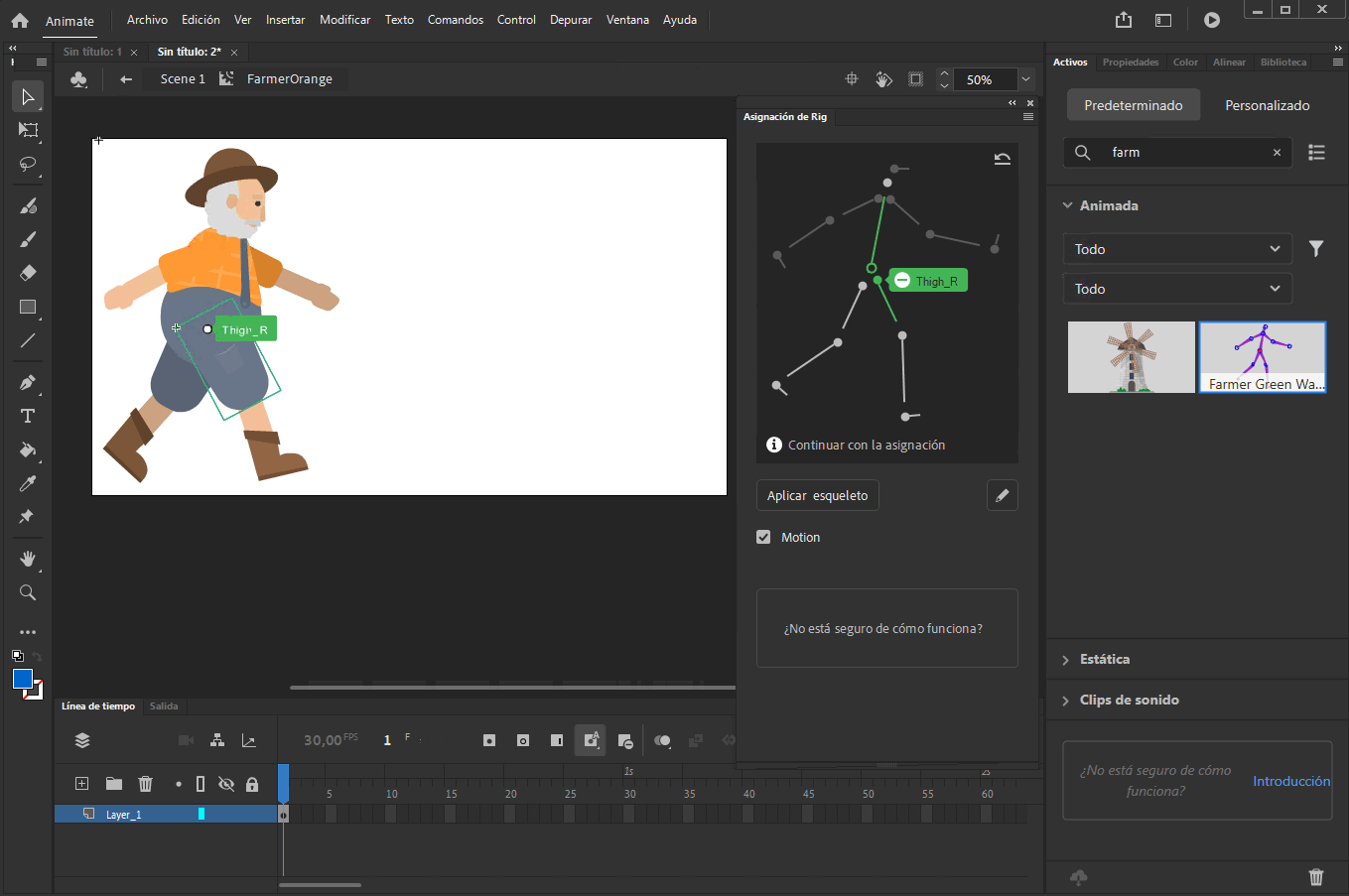 Trabajar con el rigging de personajes en Animate