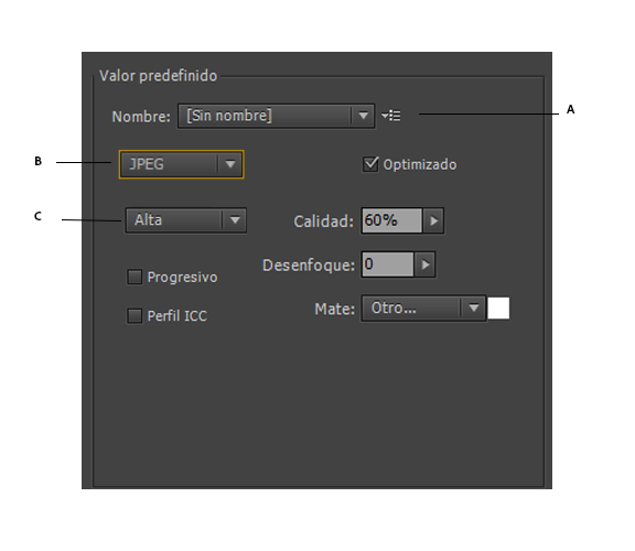 Opciones de exportación de imagen y GIF animado