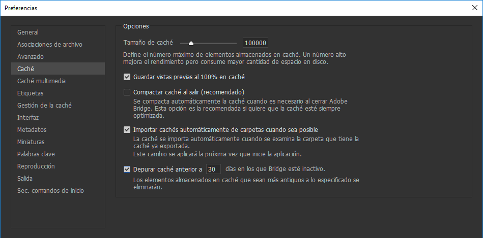 Trabajo con la caché de Adobe Bridge