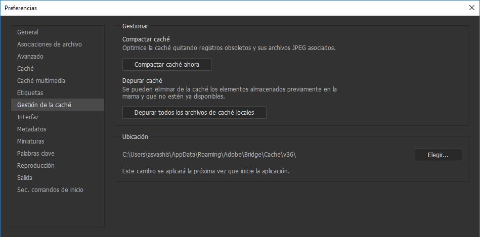 Trabajo con la caché de Adobe Bridge