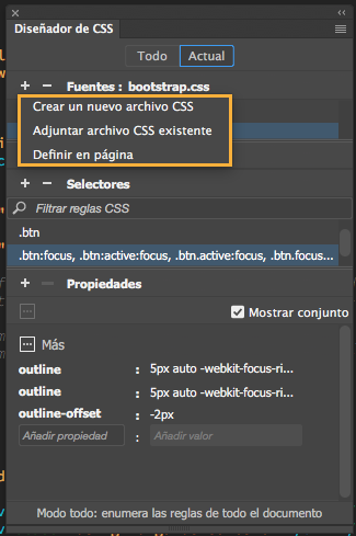 Uso del panel Diseñador de CSS en Dreamweaver