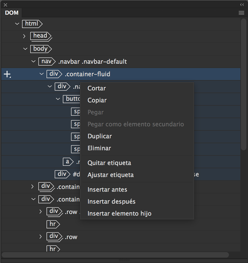 Uso del panel DOM en Dreamweaver