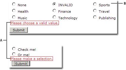Adición de widgets de grupo de opciones de validación de Spry en Dreamweaver