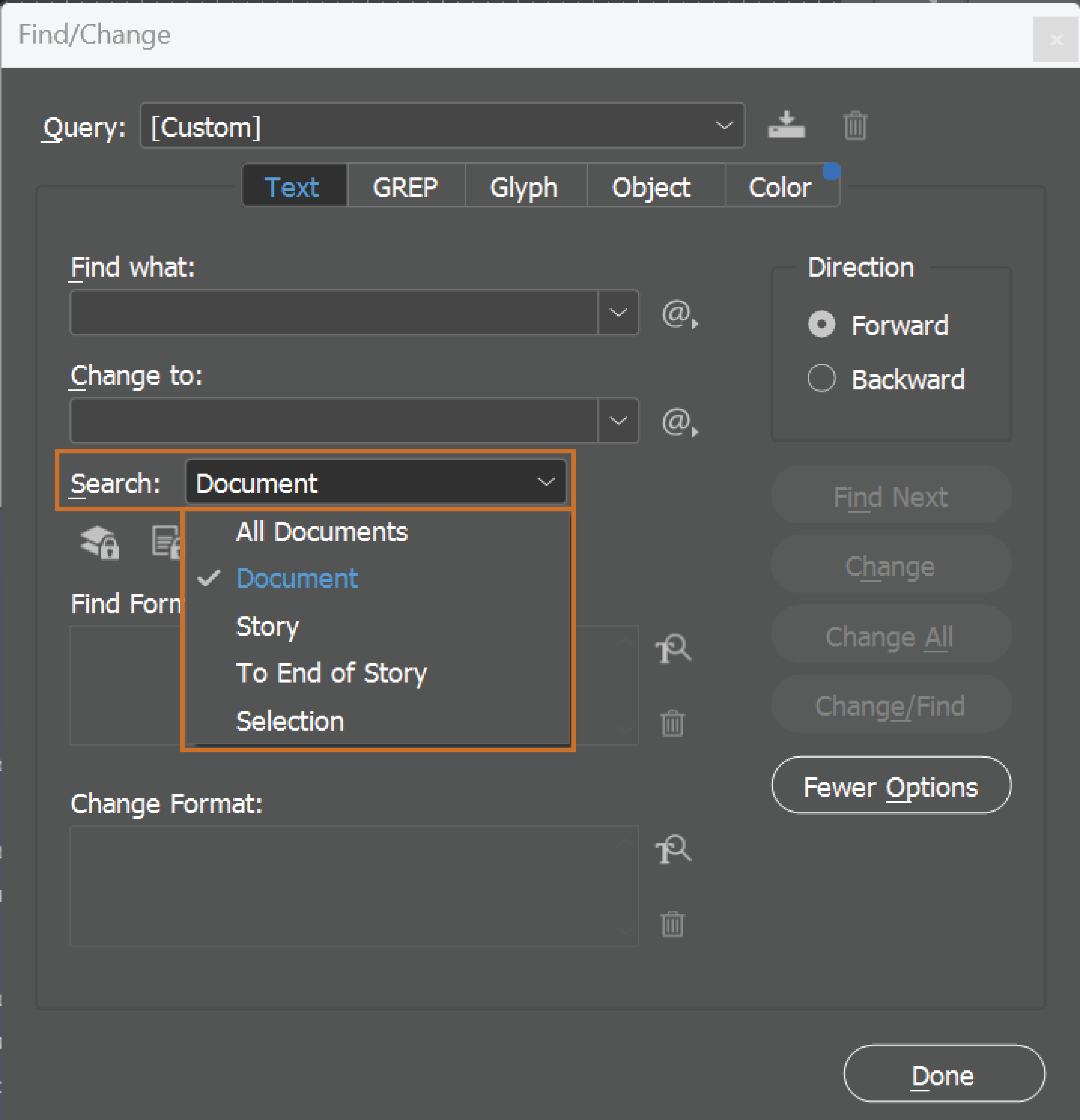 Opciones de búsqueda para encontrar y reemplazar