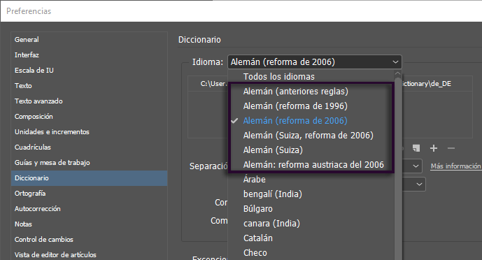 Revisión ortográfica y diccionarios de idiomas en InDesign