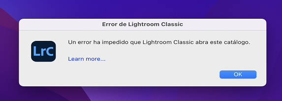 Fallo al abrir el catálogo de Lightroom Classic