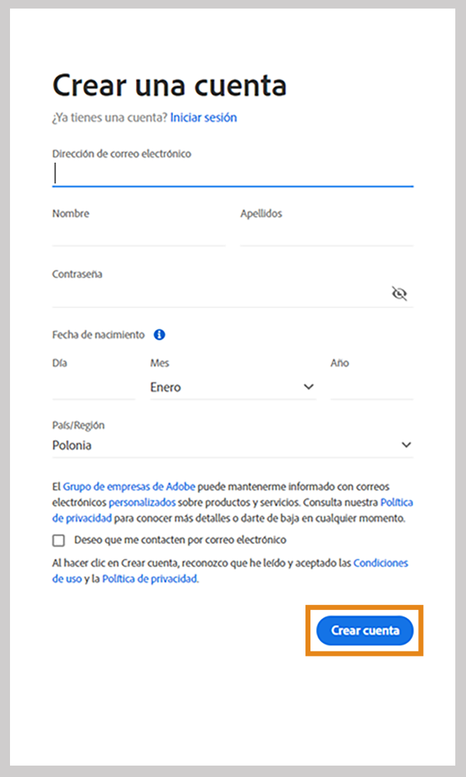 Crear o modificar el Adobe ID