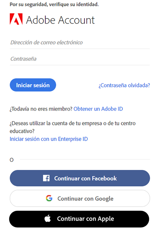Conseguir acceso a la cuenta de Adobe ID