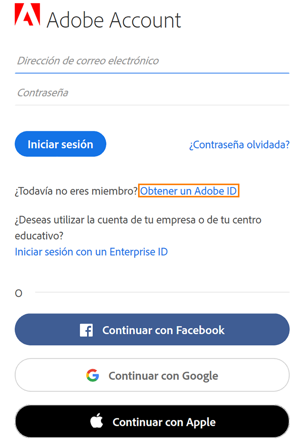Crear o actualizar su Adobe ID