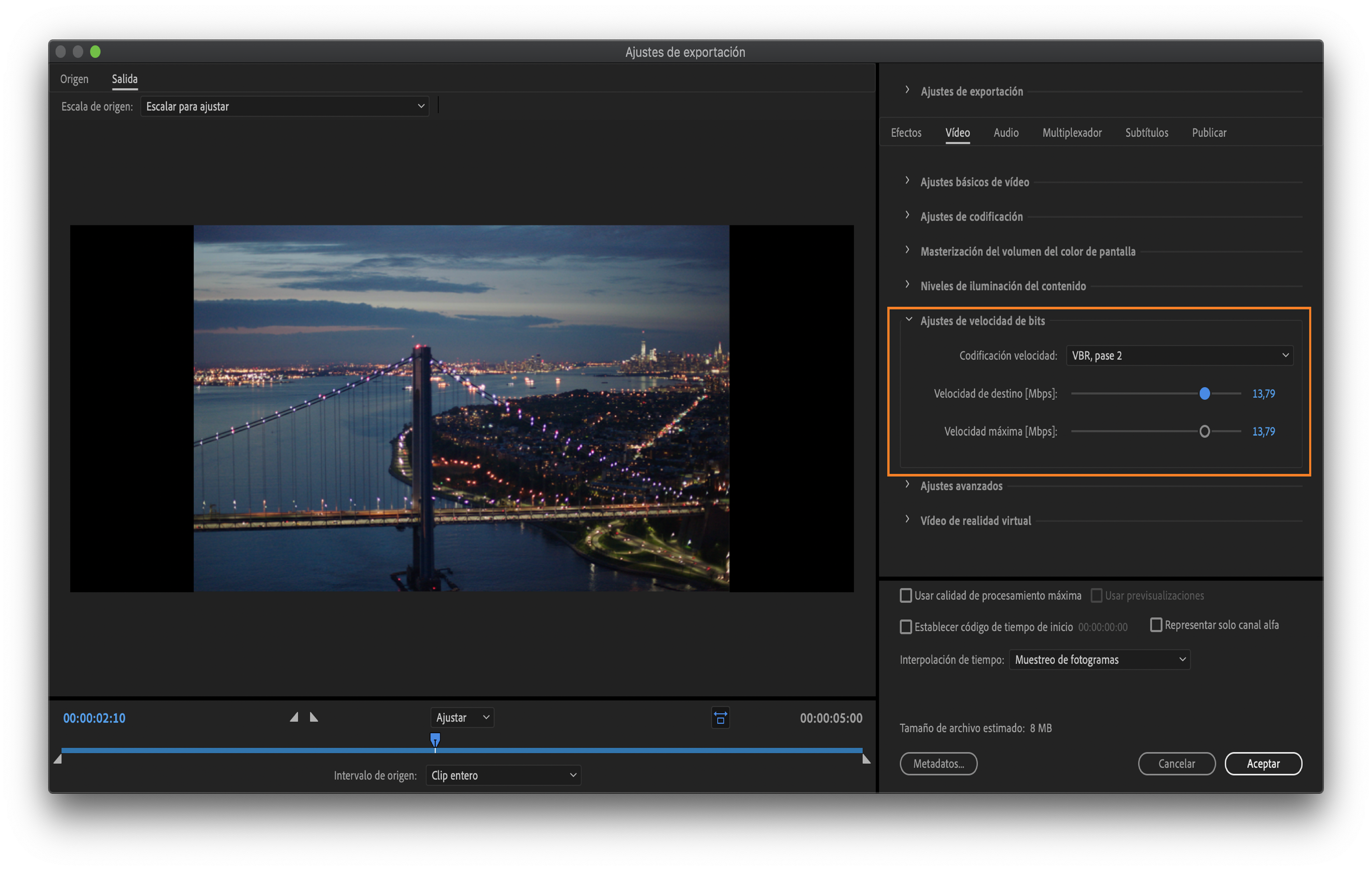 Referencia de ajustes de exportación para Adobe Media Encoder