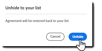Ocultar o mostrar un acuerdo en la vista de la página Administrar