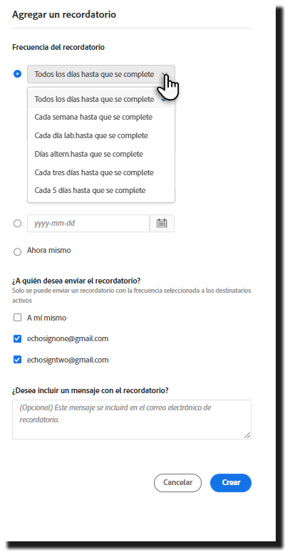 Adición y edición de recordatorios desde la página Administrar