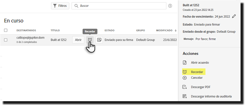 Adición y edición de recordatorios desde la página Administrar