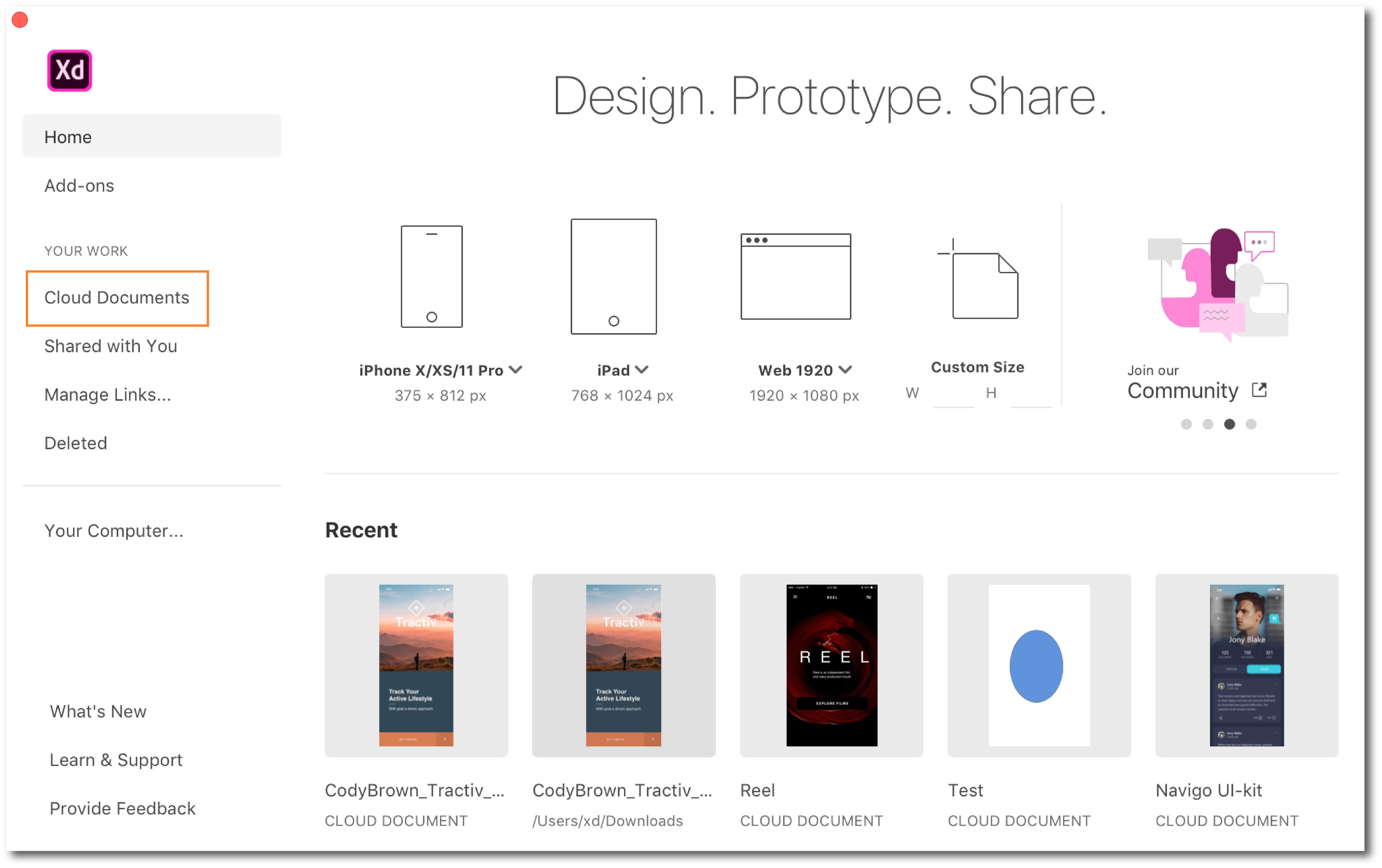 Documentos en la nube en Adobe XD