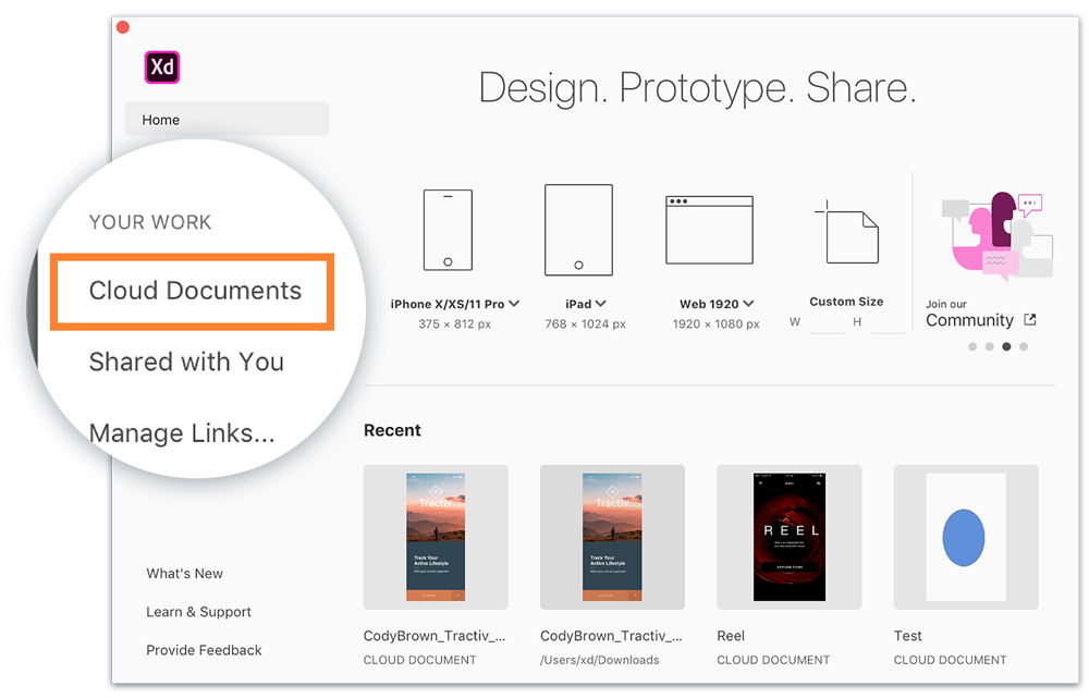 Documentos en la nube en Adobe XD