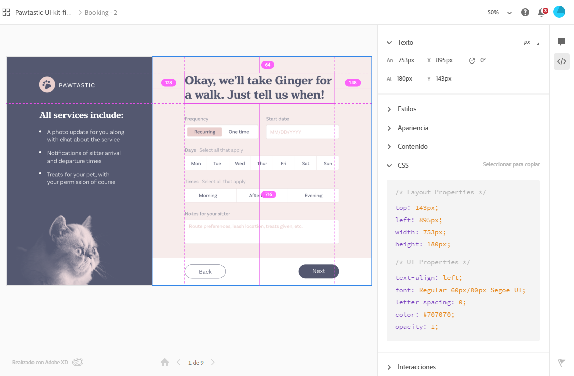 Inspeccionar especificaciones de diseño en XD