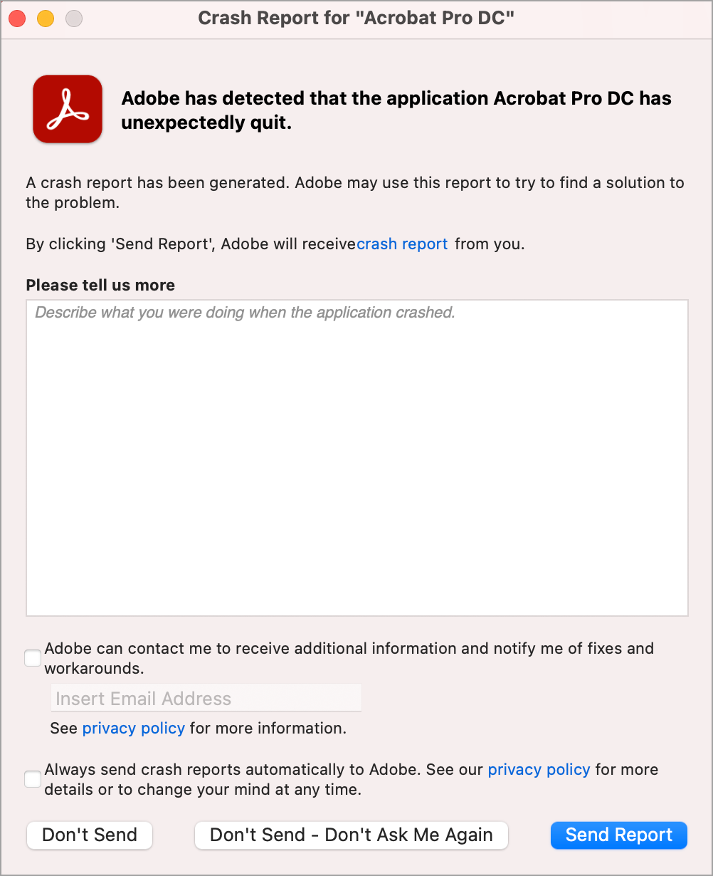 Lokien kerääminen, kun Acrobat kaatuu tai jumiutuu Windows- ja Mac ...