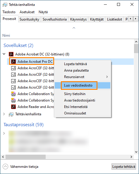 Lokien kerääminen, kun Acrobat kaatuu tai jumiutuu Windows- ja Mac ...