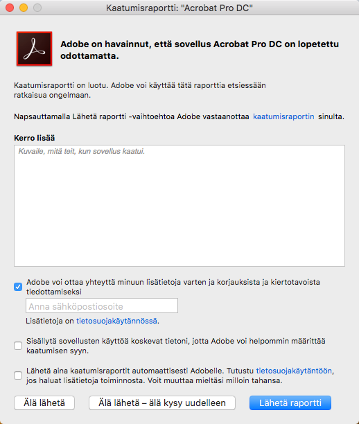 Lokien kerääminen, kun Acrobat kaatuu tai jumiutuu Windows- ja Mac ...