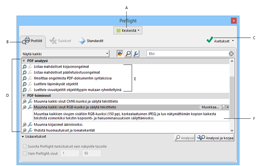 Dokumenttien analysointi Preflight-työkalulla (Adobe Acrobat Pro)