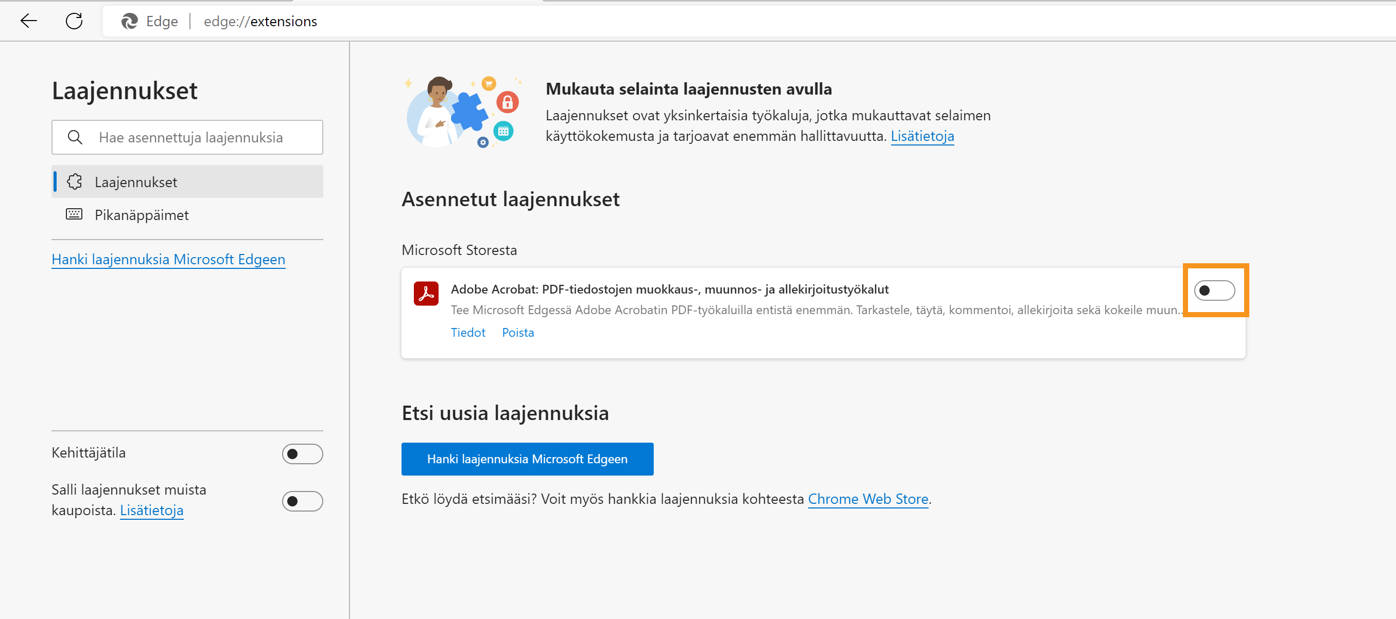 Microsoft Edgen Adobe Acrobat -laajennuksen käyttöönotto