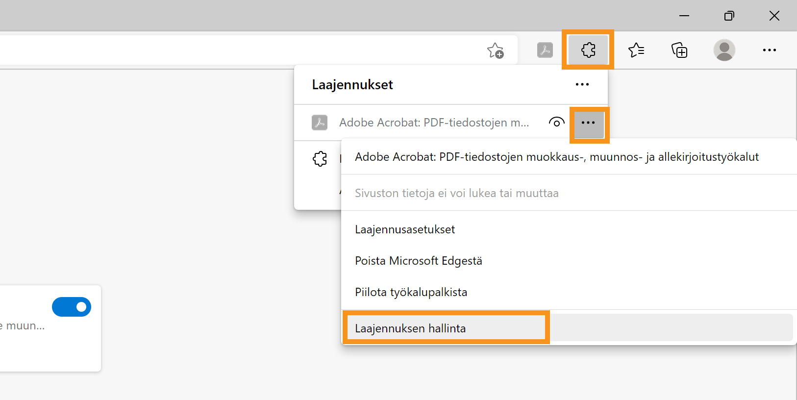 Microsoft Edgen Adobe Acrobat -laajennuksen käyttöönotto