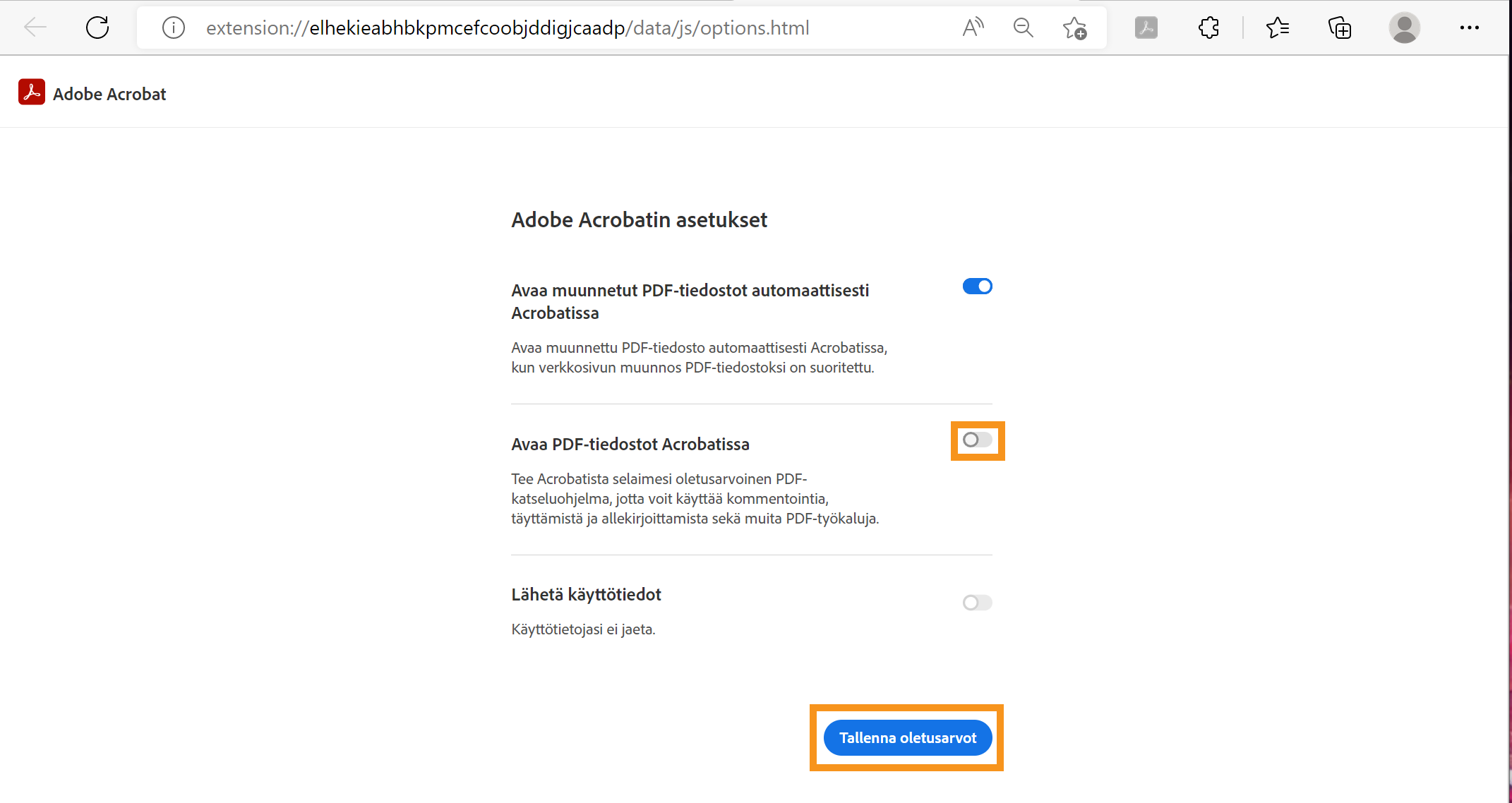 Microsoft Edgen Adobe Acrobat -laajennuksen käyttöönotto