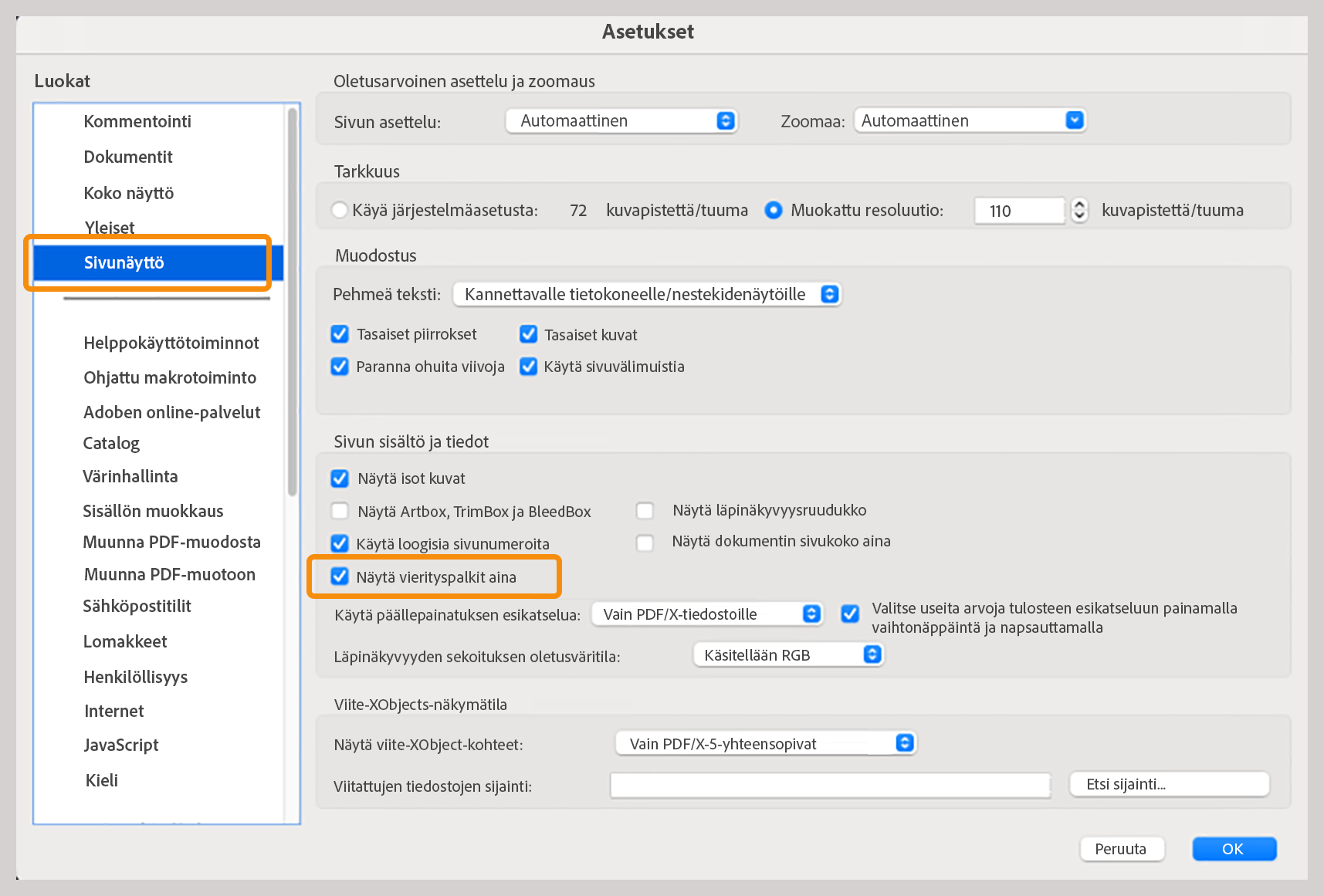 Acrobatin vierityskehyksen päivitykset macOS:ssä.