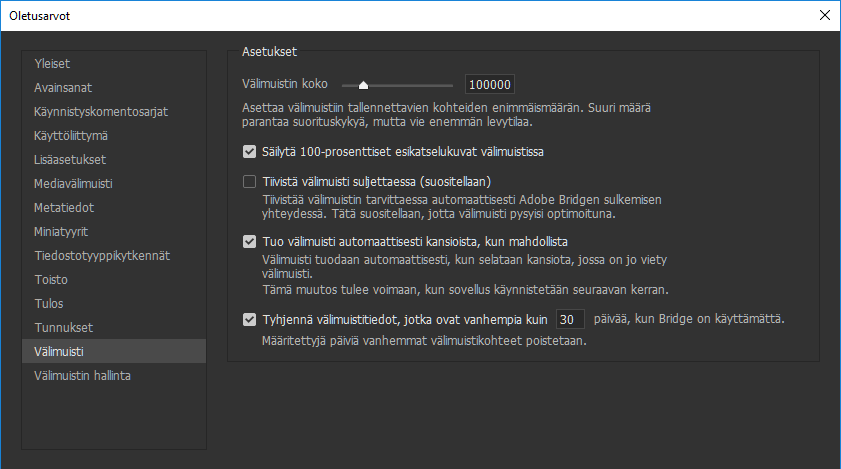 Adobe Bridge -välimuistin käyttäminen