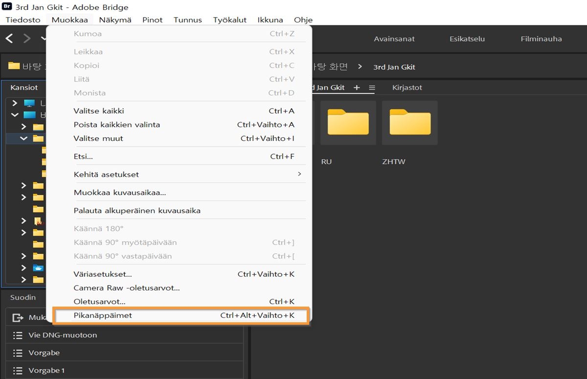 Adobe Bridgen Pikanäppäimet-paneeli
