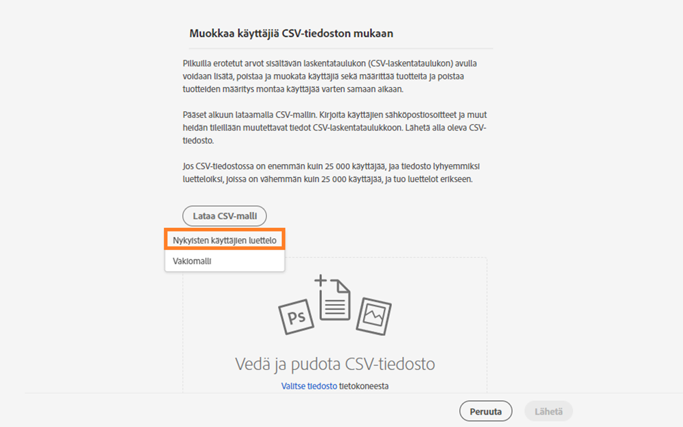Adobe Stock Creative Cloud for teams-Pron CSV-siirto-ohjeet