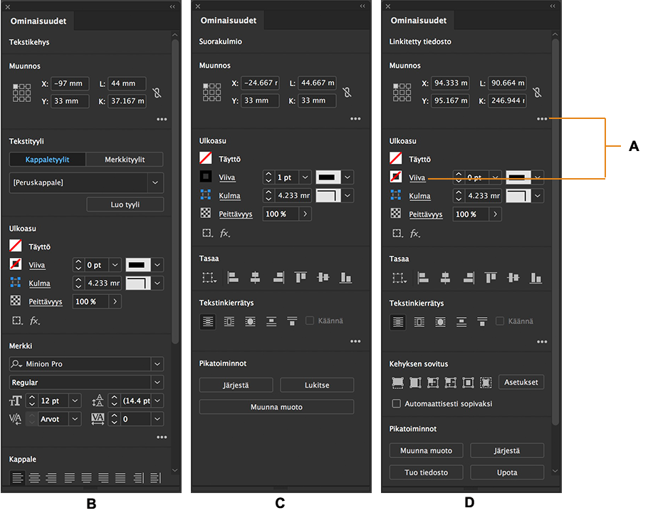 Ominaisuudet-paneeli