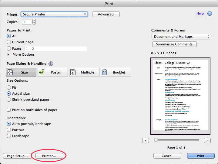 Impression de formats de page mixtes via Acrobat ou Reader