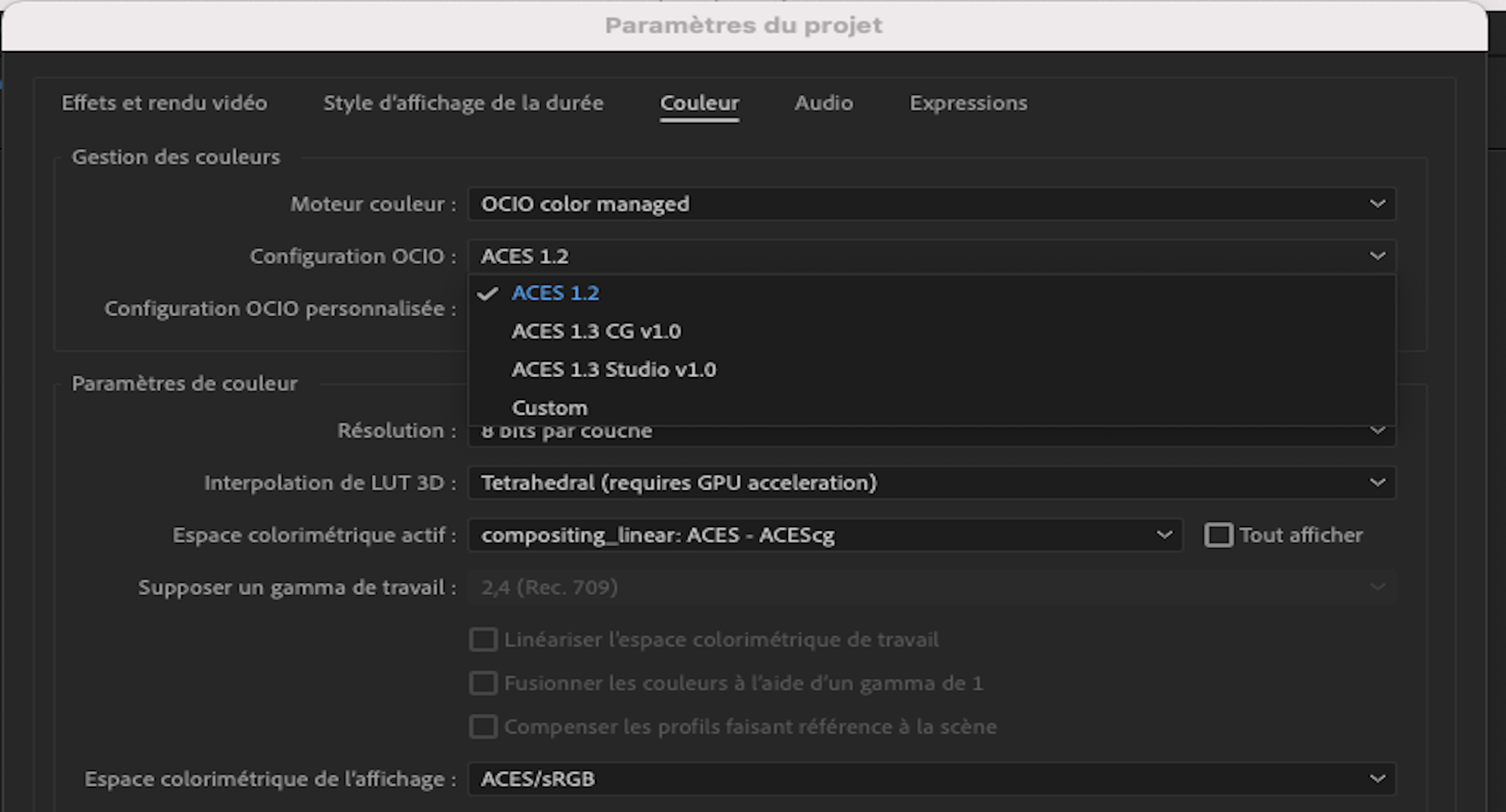 Gestion des couleurs OpenColorIO et ACES