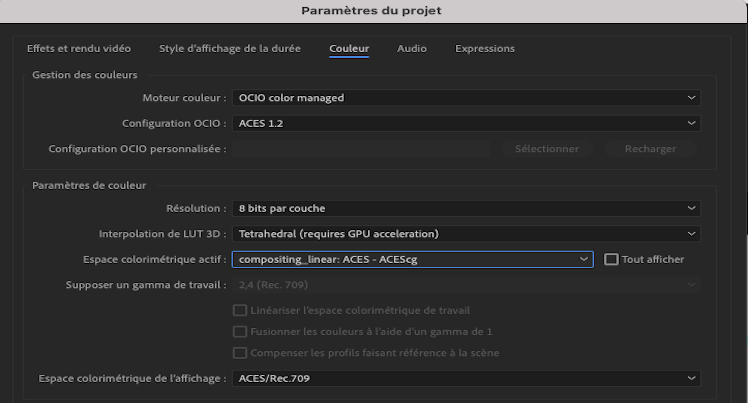 Gestion des couleurs OpenColorIO et ACES