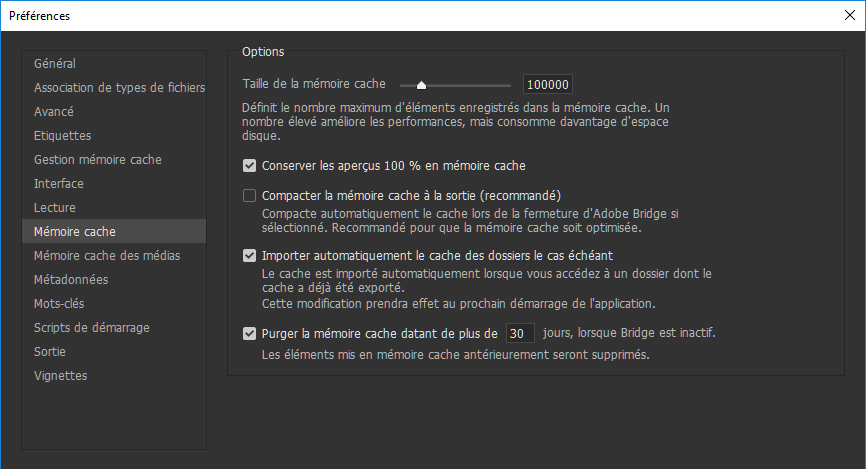 Utilisation de la mémoire cache d’Adobe Bridge