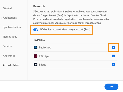 Écran d’accueil de l’application Creative Cloud pour ordinateurs