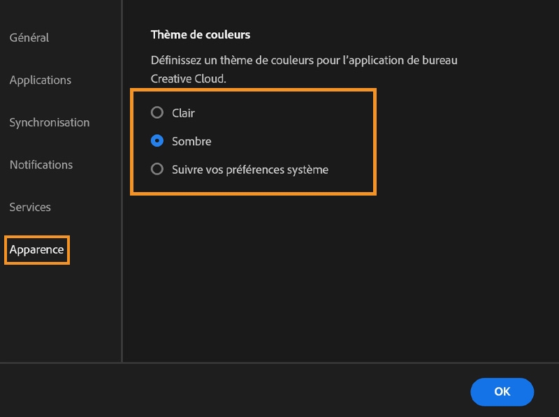 Activation du mode sombre dans l’application de bureau Creative Cloud
