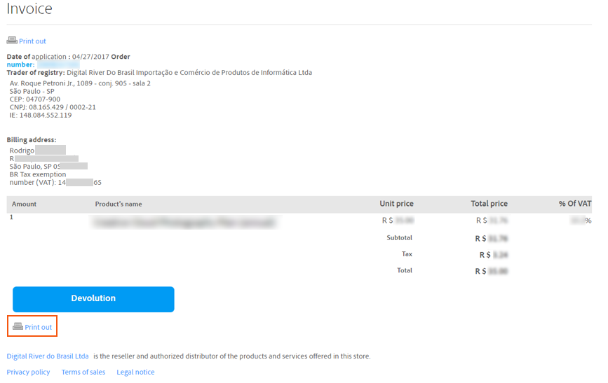 Impression d’une copie de la facture relative à votre achat Adobe