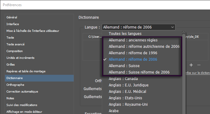 Vérification orthographique et dictionnaires de langue dans InDesign