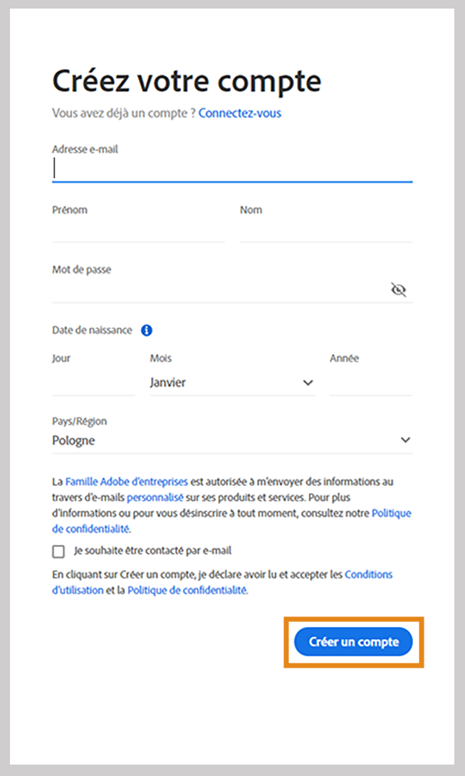 Création ou mise à jour de votre Adobe ID