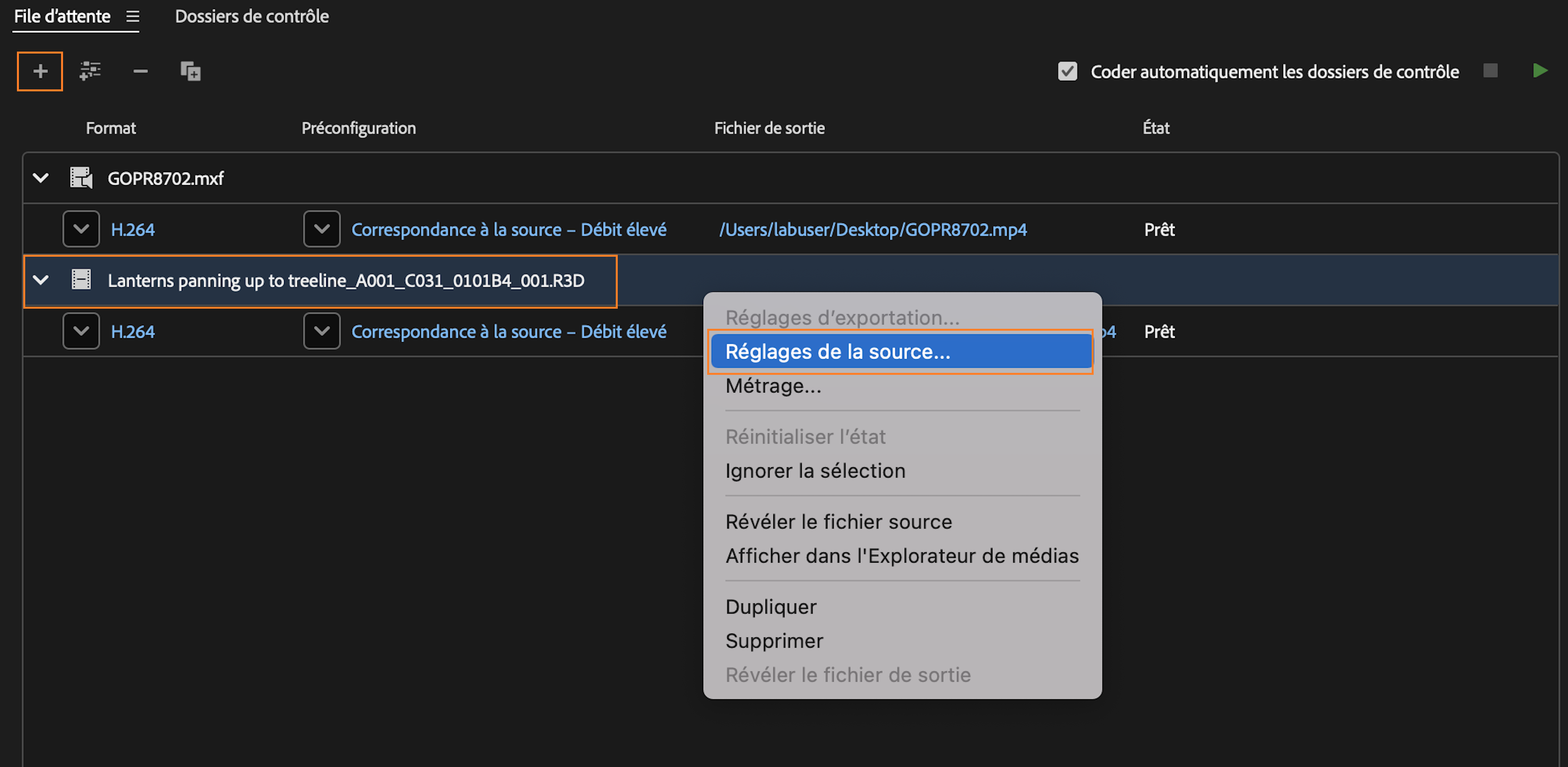 Paramètres de la source dans Media Encoder