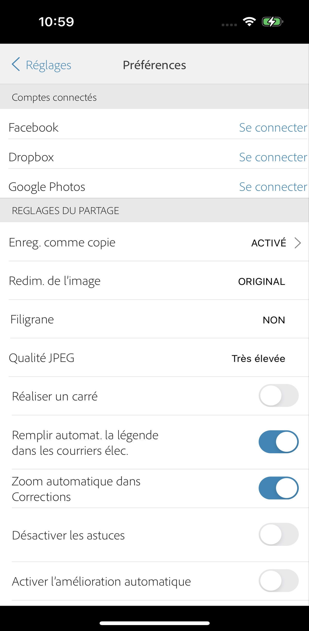 Préférences dans Photoshop Express