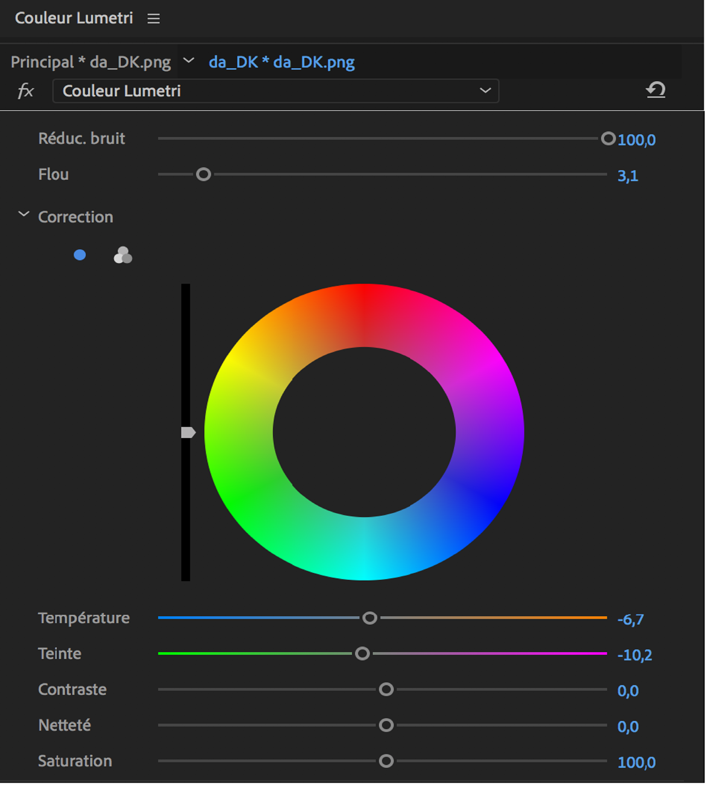 Contrôles TSL secondaires dans le panneau Couleur Lumetri