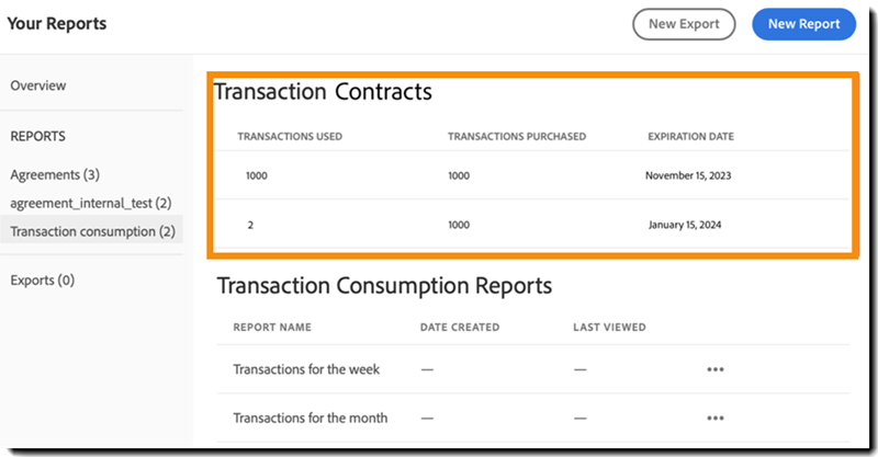 Rapports de consommation de transactions