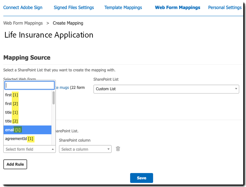 Adobe Sign pour SharePoint – Guide de mappage de formulaires web