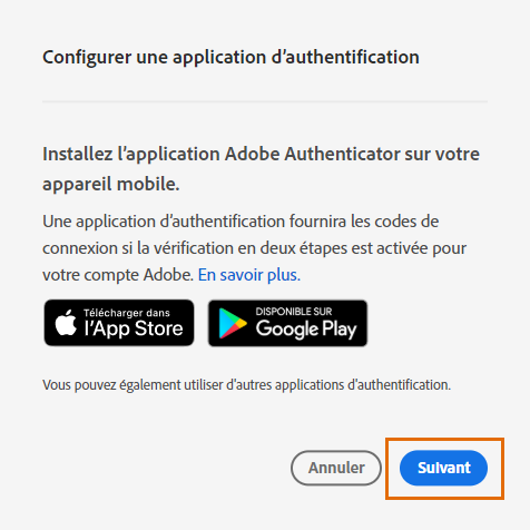 Utilisation d’Adobe Authenticator pour la validation en deux étapes