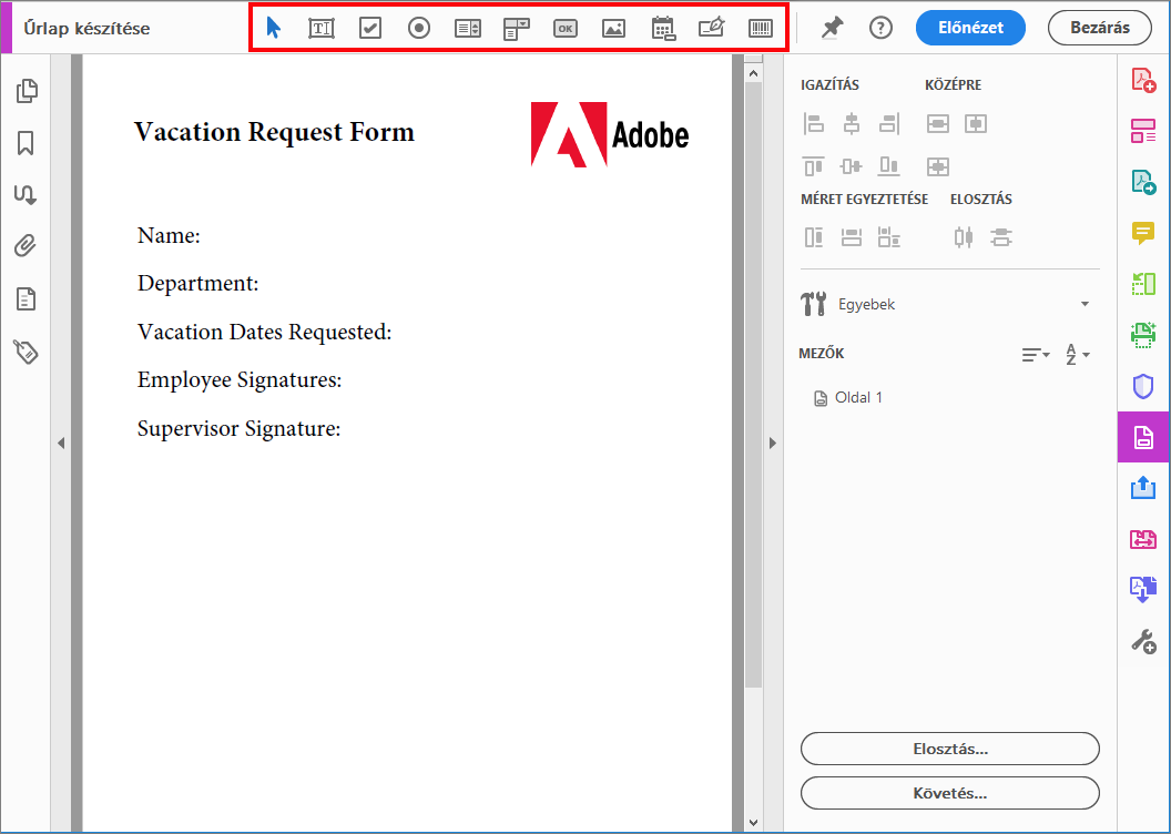Űrlap létrehozása az Adobe Acrobat programban