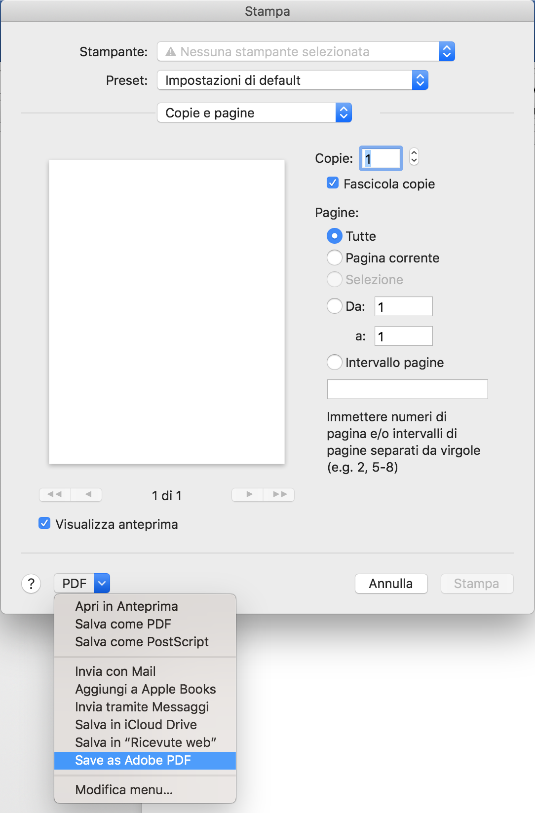 Errore nel salvataggio come Adobe PDF | macOS Mojave 10.14