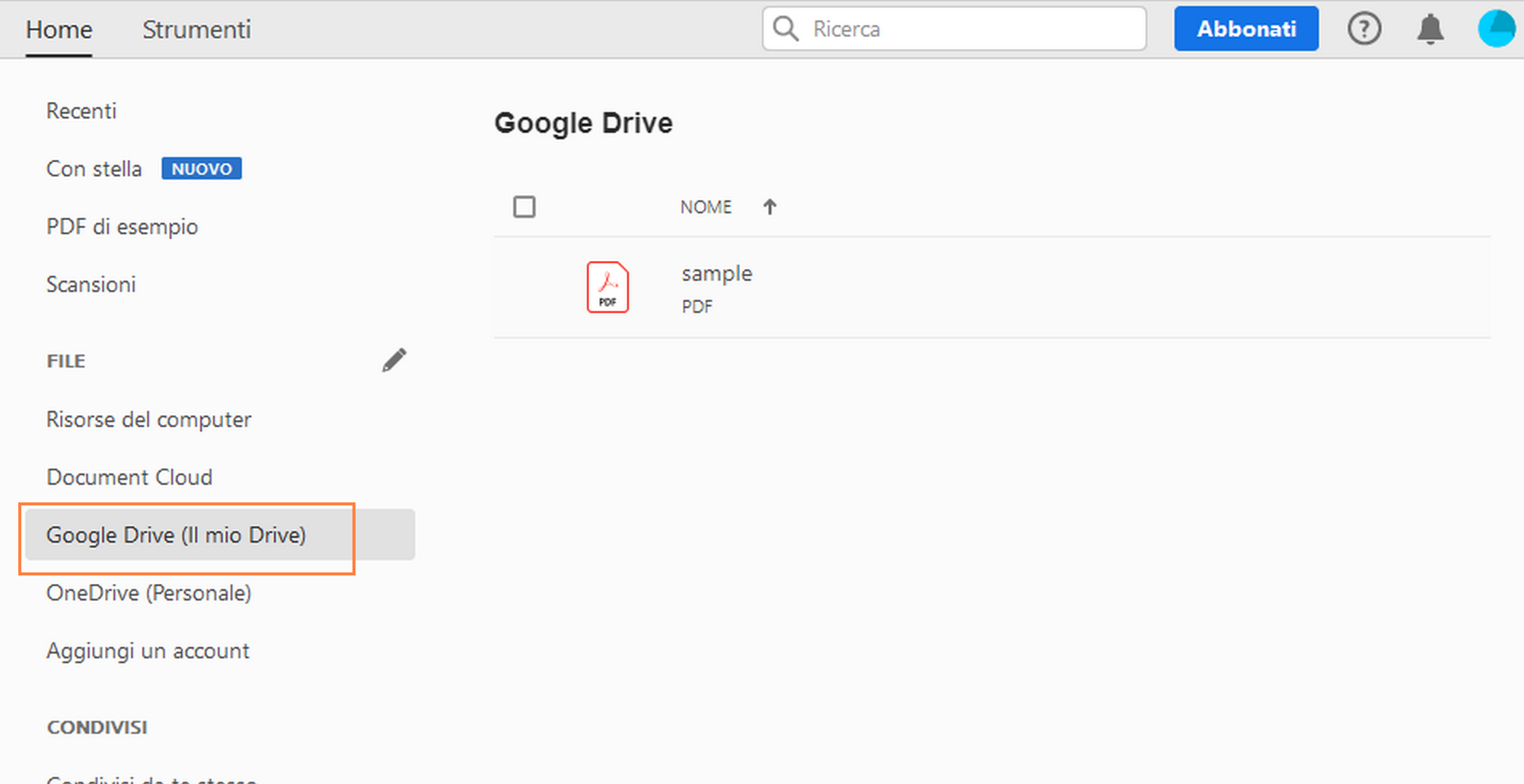 Accedere ai propri file Google Drive in Acrobat